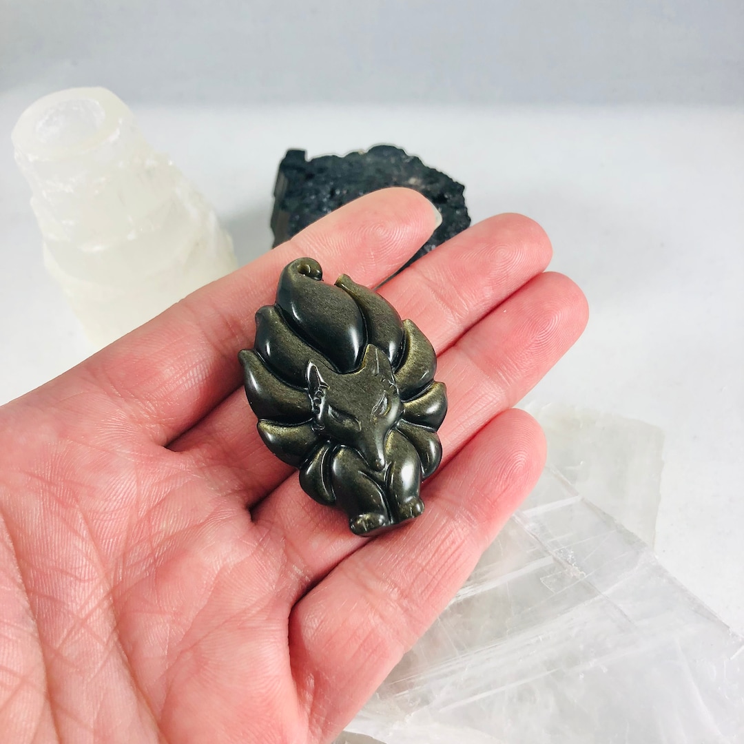 Golden Obsidian, Fox Gemstone Pendant, Large Nine Tail, Genuine Stone ...