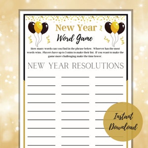 New Years Eve Word Game, Printable NYE Game, Activity for Families, New ...