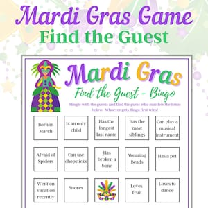 Mardi Gras Find the Guest Bingo, Family Game, Mardi Gras Activity for ...