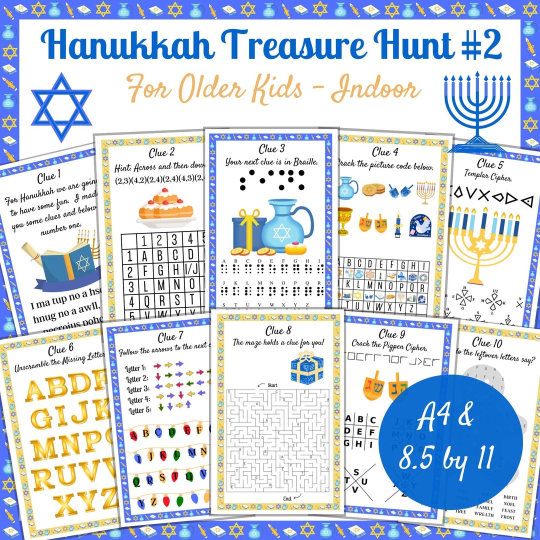 Hanukkah Treasure Hunt, Decode the Clues, Hanukkah Indoor Scavenger ...