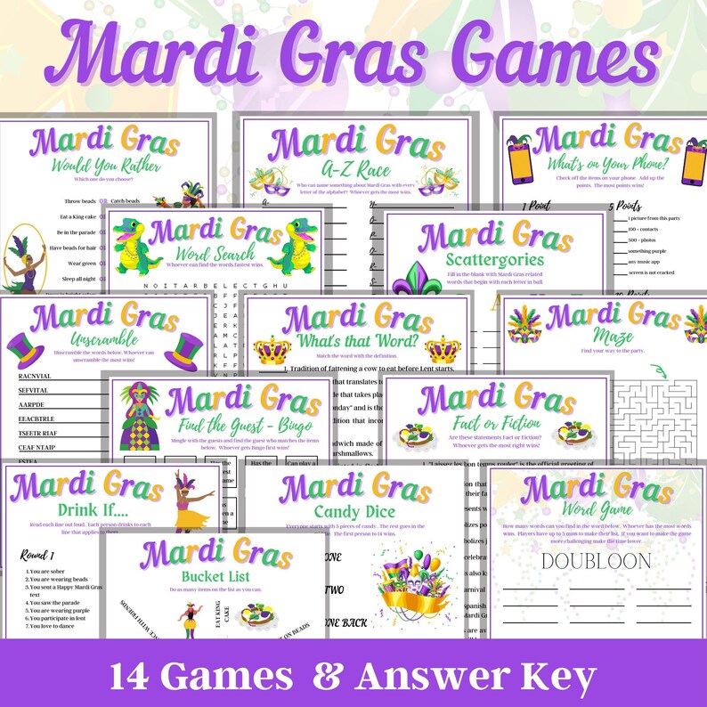 Mardi Gras Games Bundle, Family & Adult Activities (digital Download ...