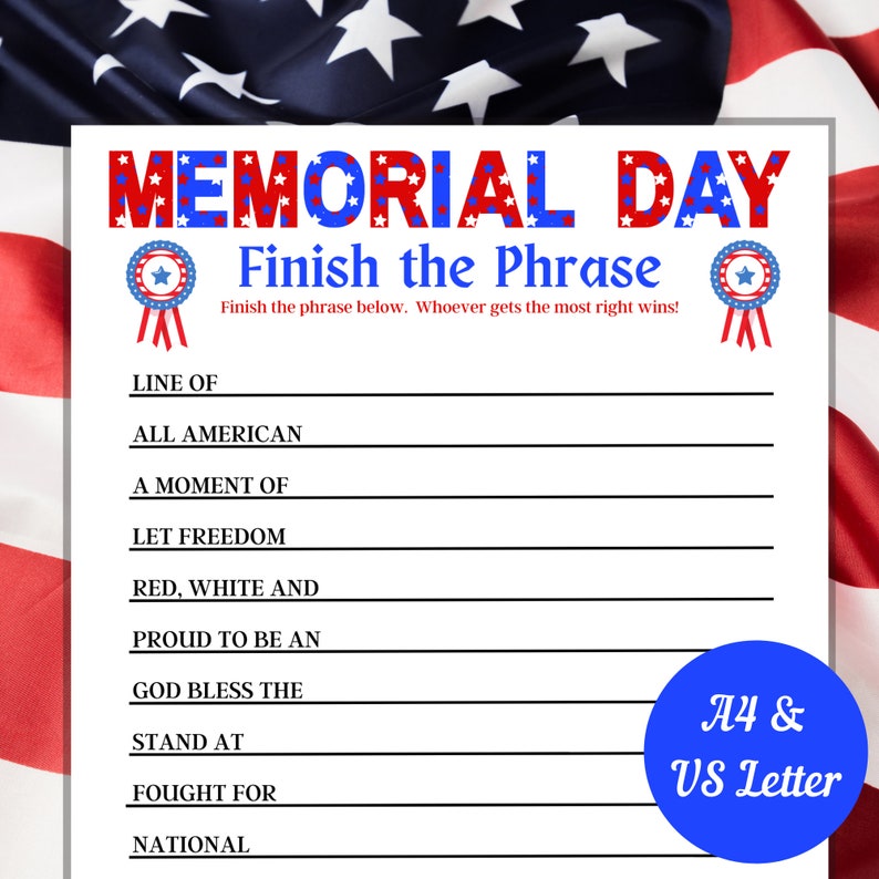 Memorial Day Finish the Phrase Game Printable Family Game - Etsy