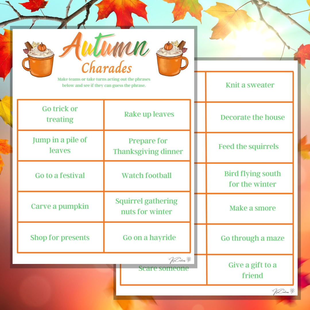 Autumn Charades, Printable Fall Game, Autumn Activity for Adults and ...