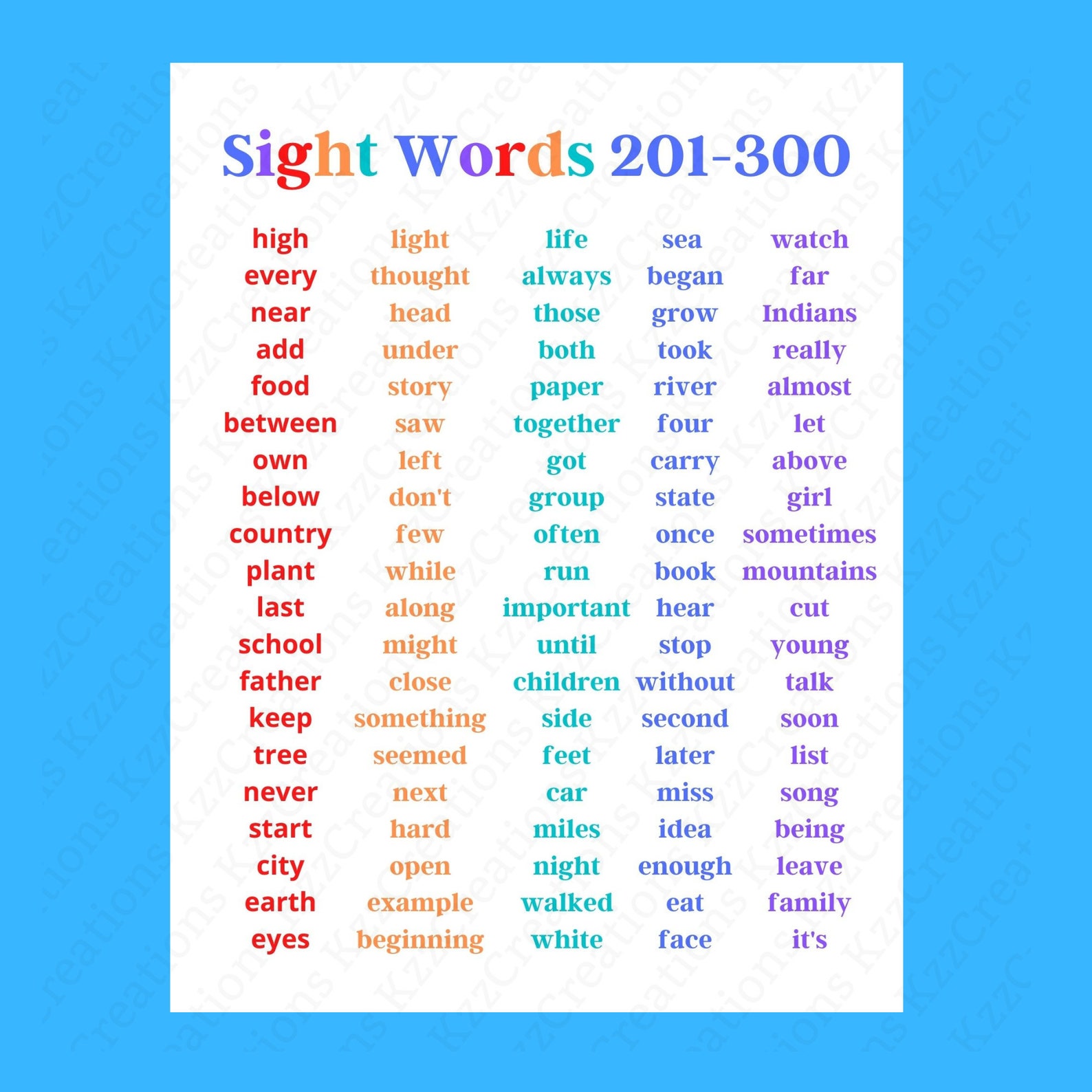 Colorful Sight Words Poster, Kindergarten - 5th Grade (digital Download ...