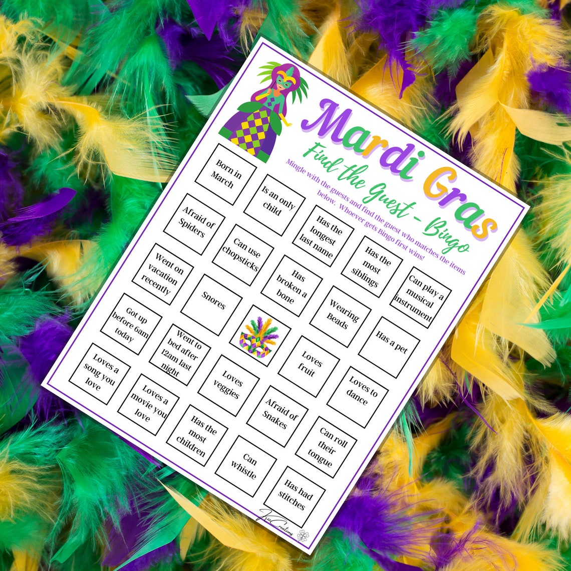Mardi Gras Find the Guest Bingo Family Game Mardi Gras - Etsy