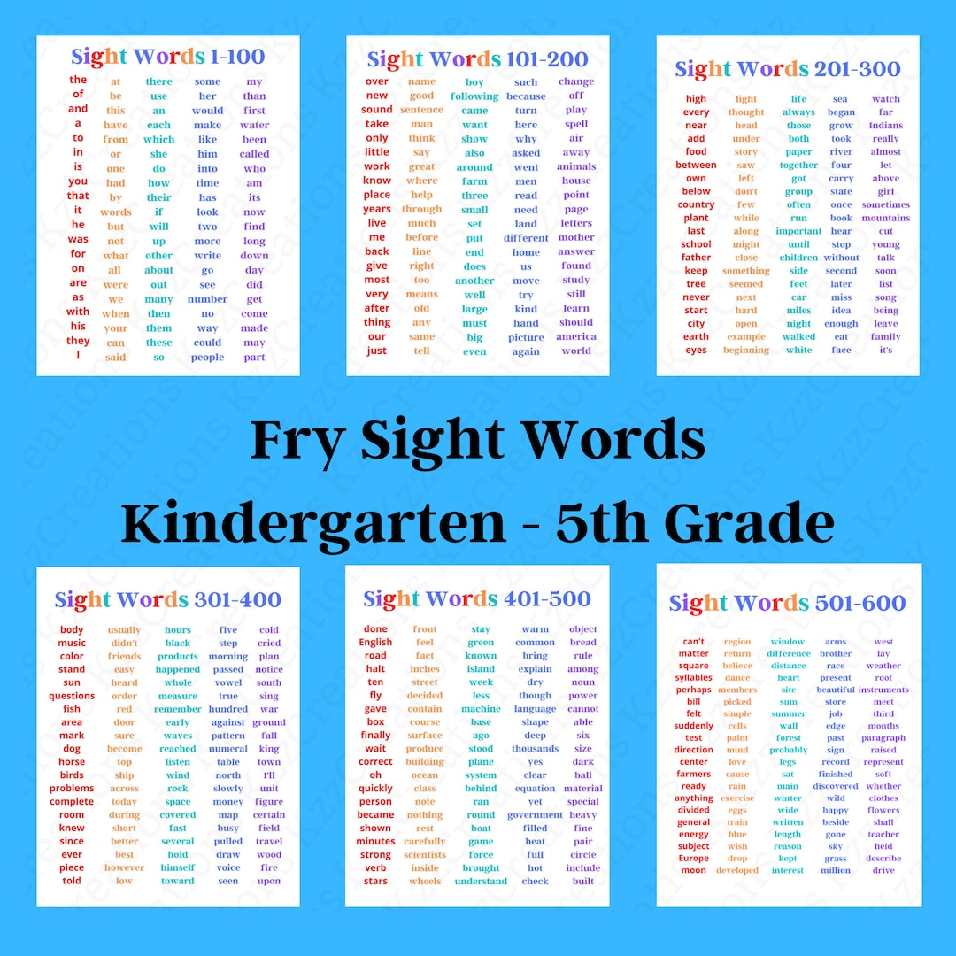 Colorful Sight Words Poster, Kindergarten - 5th Grade (digital Download ...