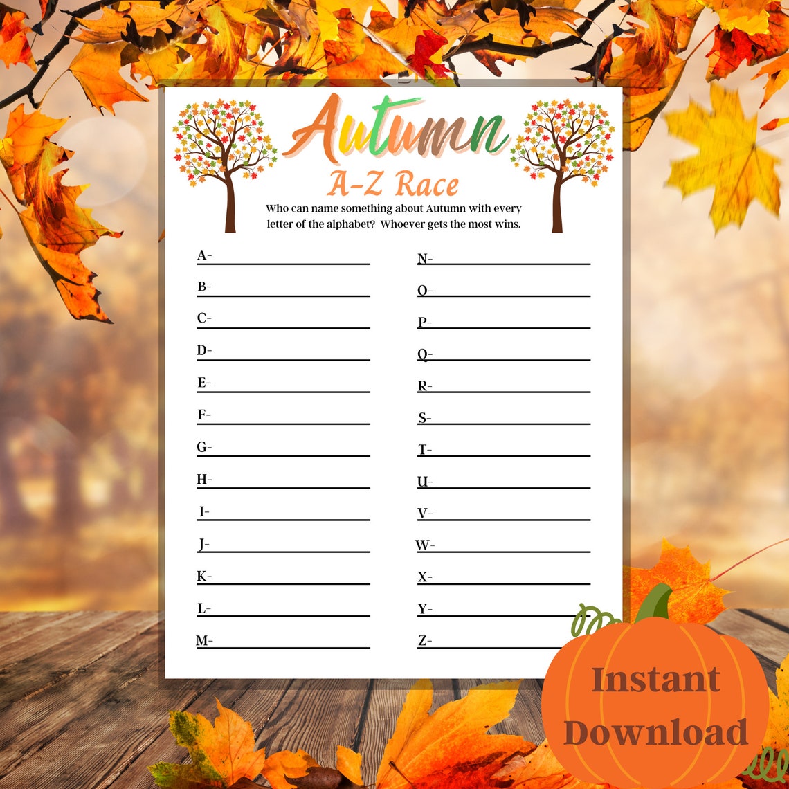 Autumn A-Z Race Game Printable Activity for Adults and Kids - Etsy