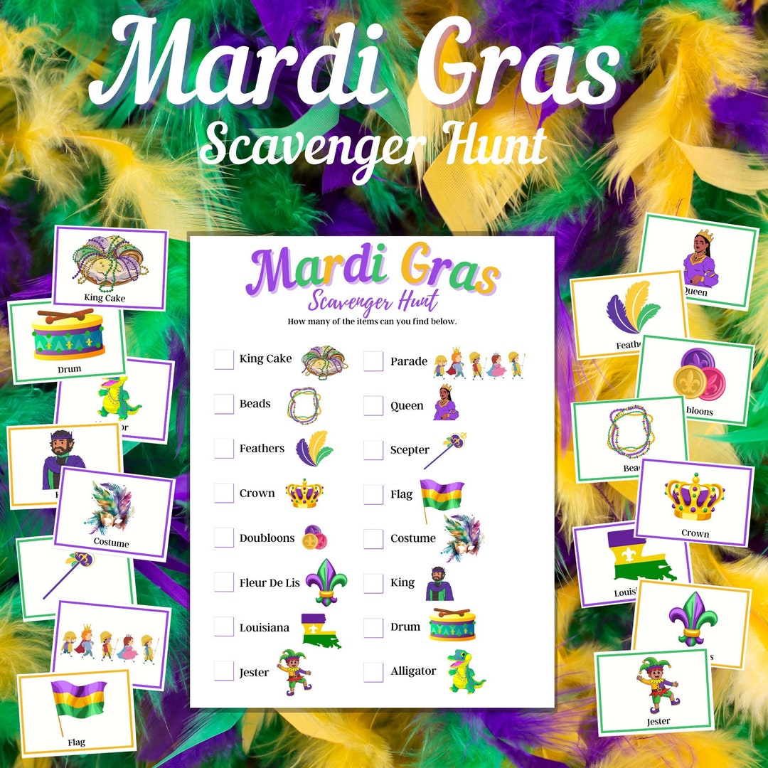 Mardi Gras Scavenger Hunt for Schools, at Home Scavenger Hunt Clues ...