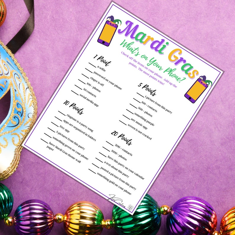 Mardi Gras 'what's on Your Phone' Game, Printable Family Activity (PDF ...