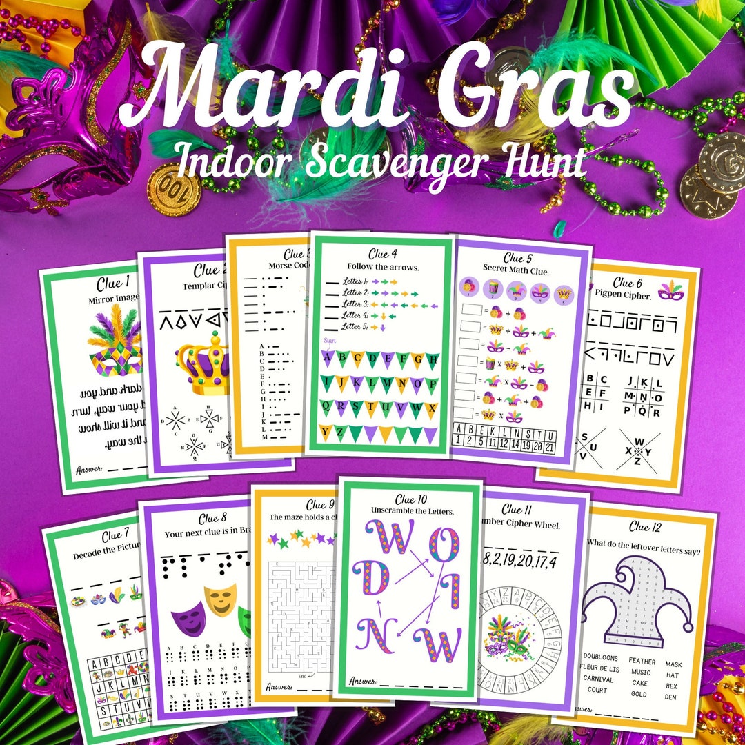 Mardi Gras Scavenger Hunt, Indoor Treasure Hunt, Scavenger Hunt Puzzles ...