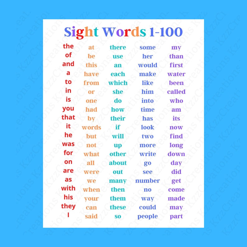 Colorful Sight Words Poster, Kindergarten - 5th Grade (digital Download ...