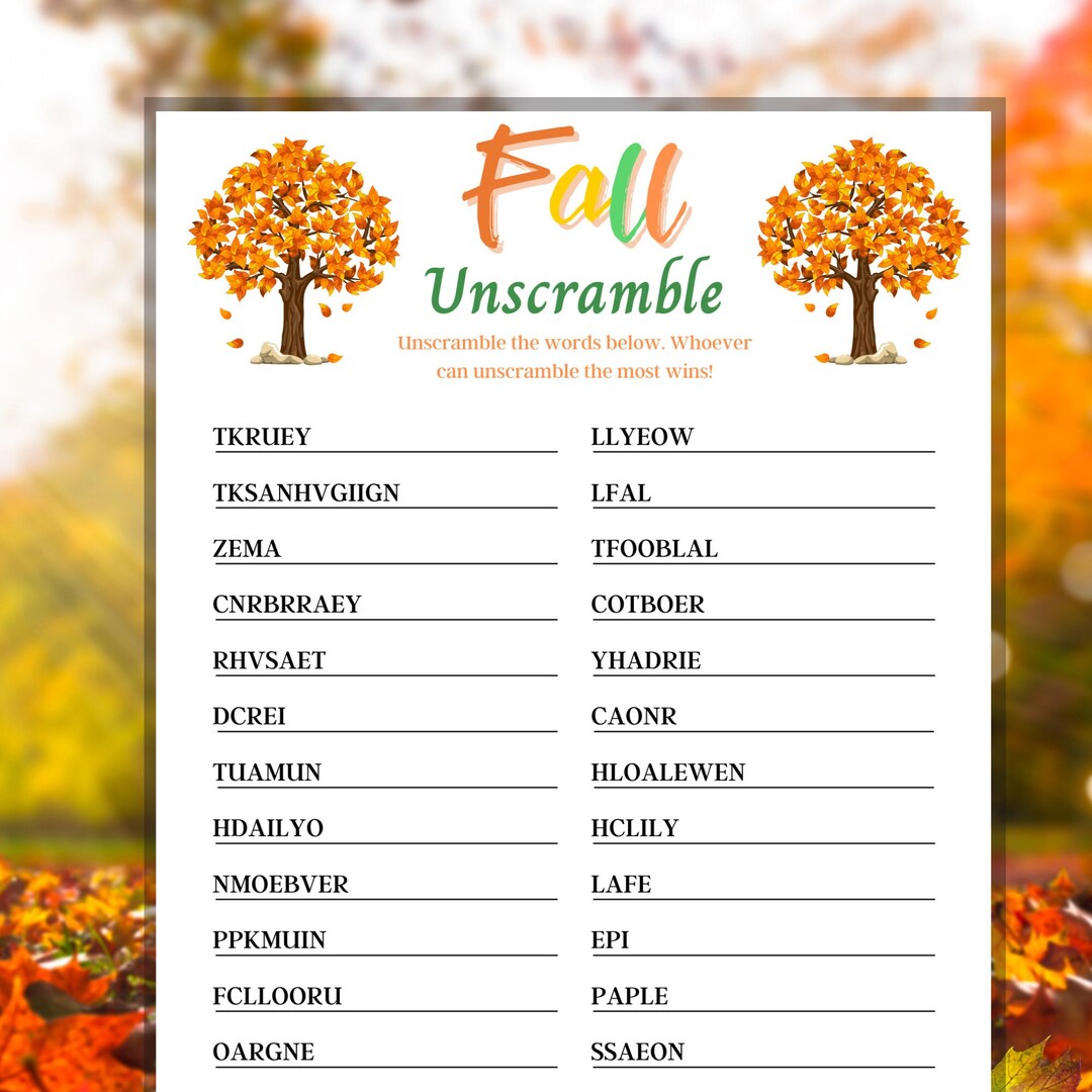 Fall Unscramble Game Printable Autumn Game Fall Riddles Etsy