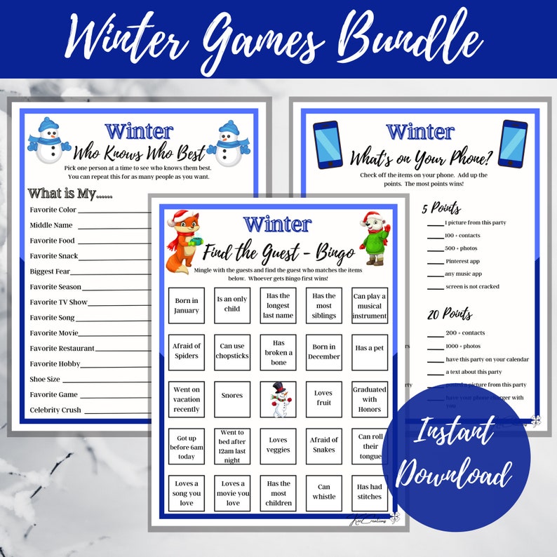 Winter Games Bundle Printable Family Games Fun for the Whole | Etsy