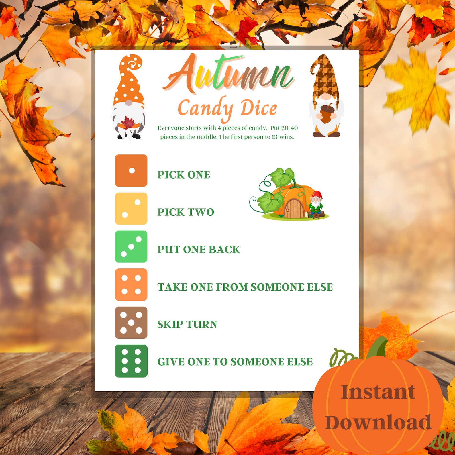 Autumn Candy Dice Game Printable Fall Game Autumn Activity - Etsy