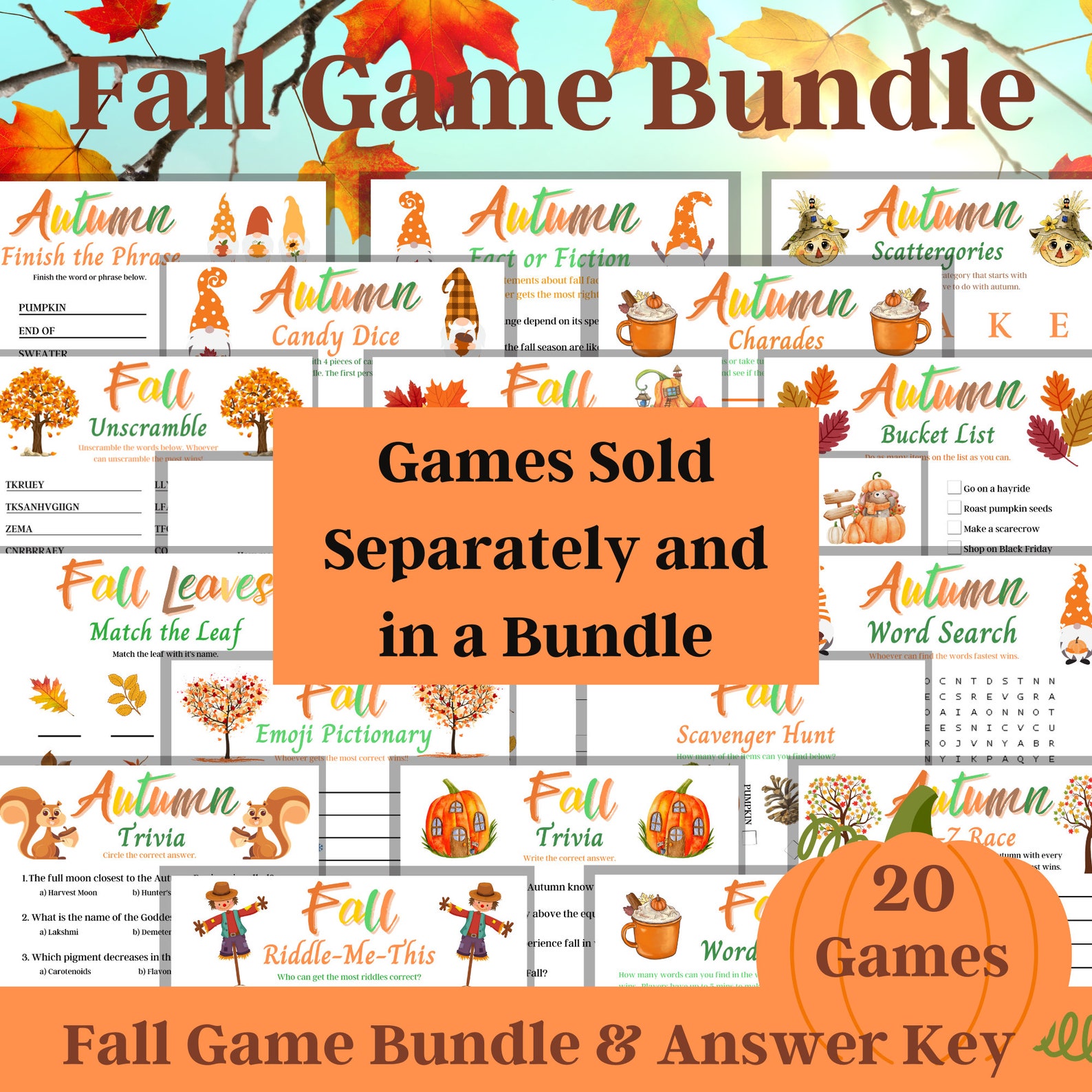 Fall Game Bundle 20 Printable Autumn Games Fall Time - Etsy