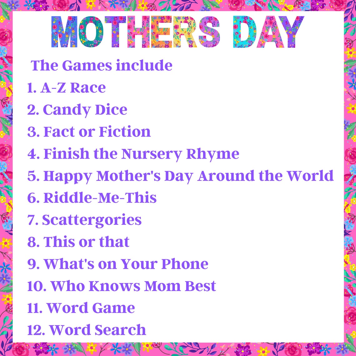 Mother's Day Games Printable Family Games 12 Game - Etsy