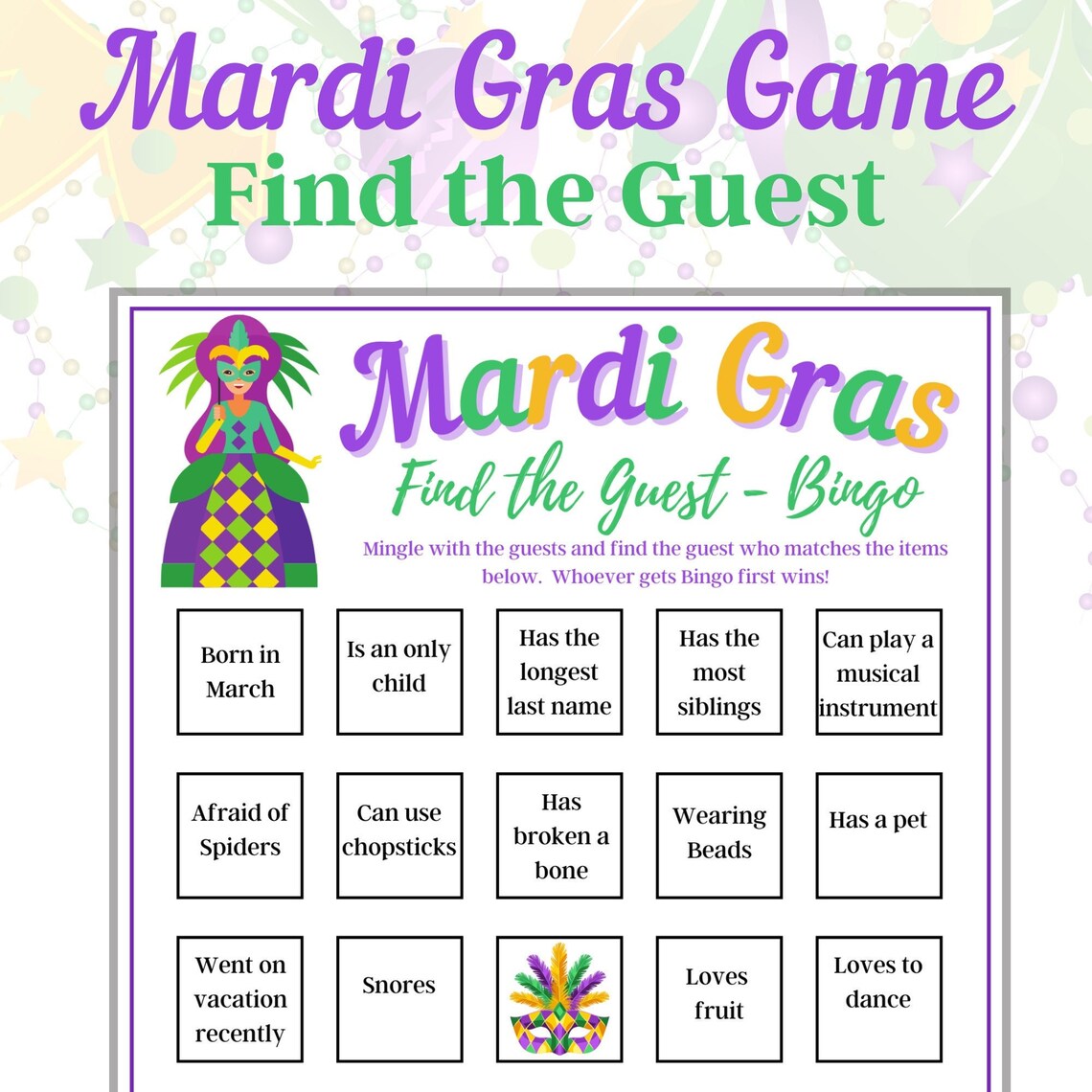 Mardi Gras Find the Guest Bingo Family Game Mardi Gras - Etsy
