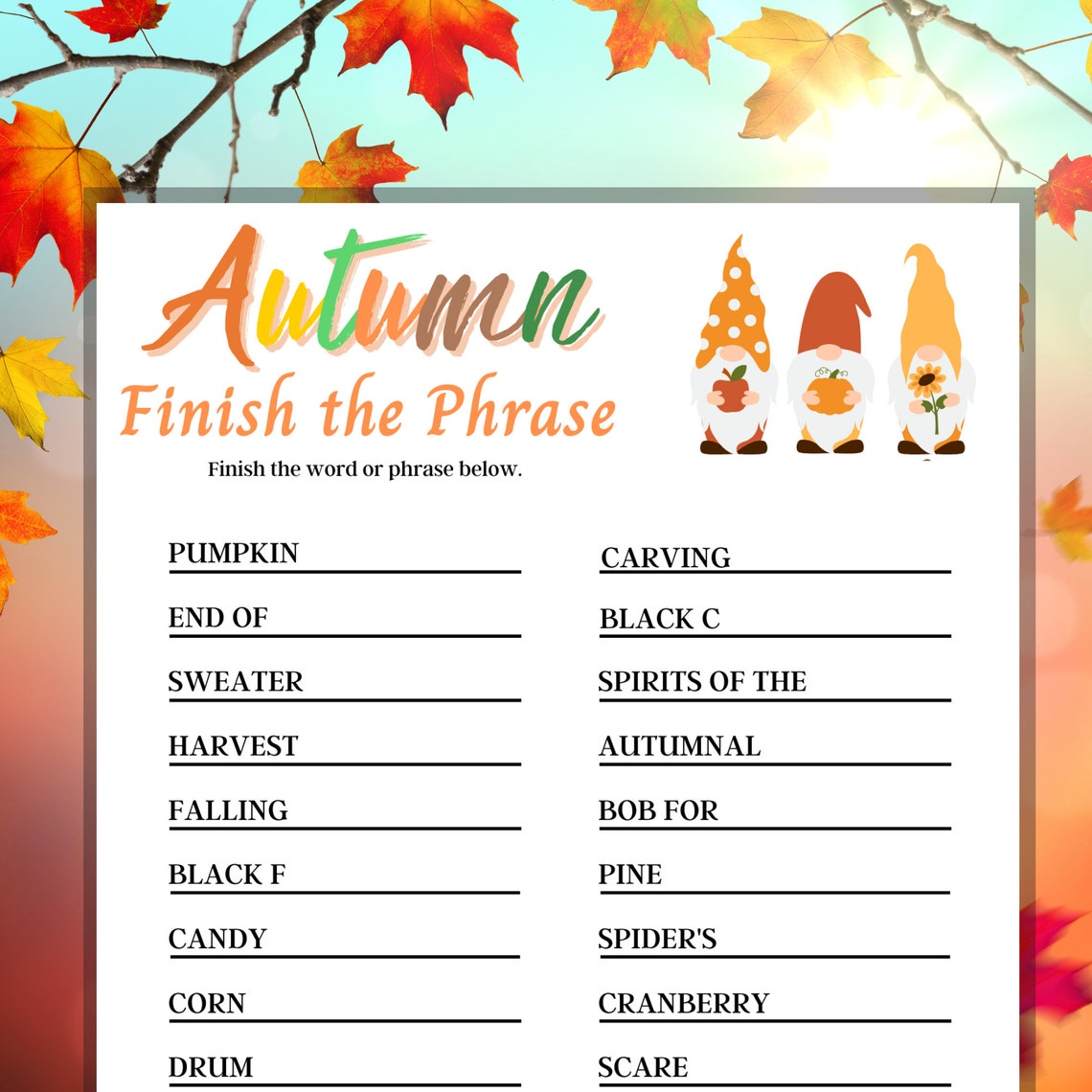 Autumn Finish the Phrase Printable Fall Game Autumn Activity - Etsy