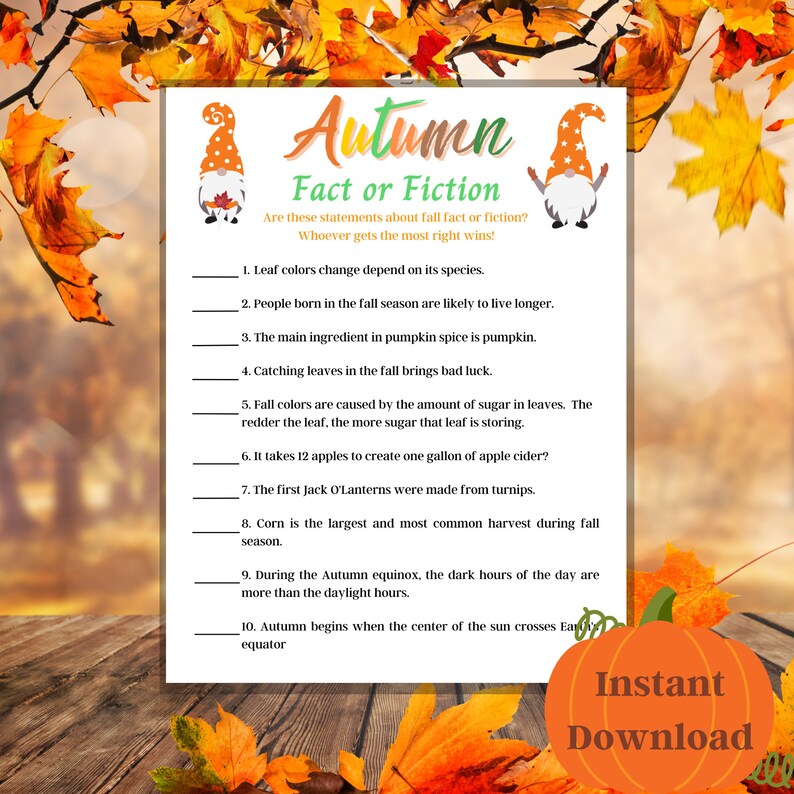 Autumn Fact or Fiction Game Printable Fall Game Autumn - Etsy