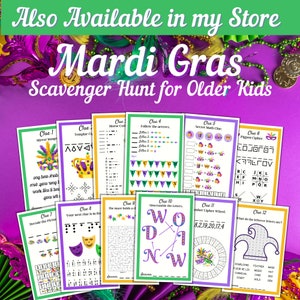 Mardi Gras Scavenger Hunt for Schools, at Home Scavenger Hunt Clues ...