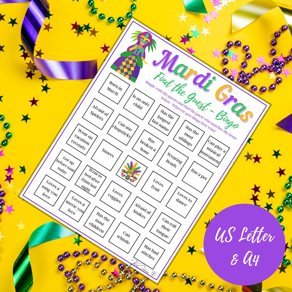 Mardi Gras Find the Guest Bingo, Family Game (PDF) - Etsy