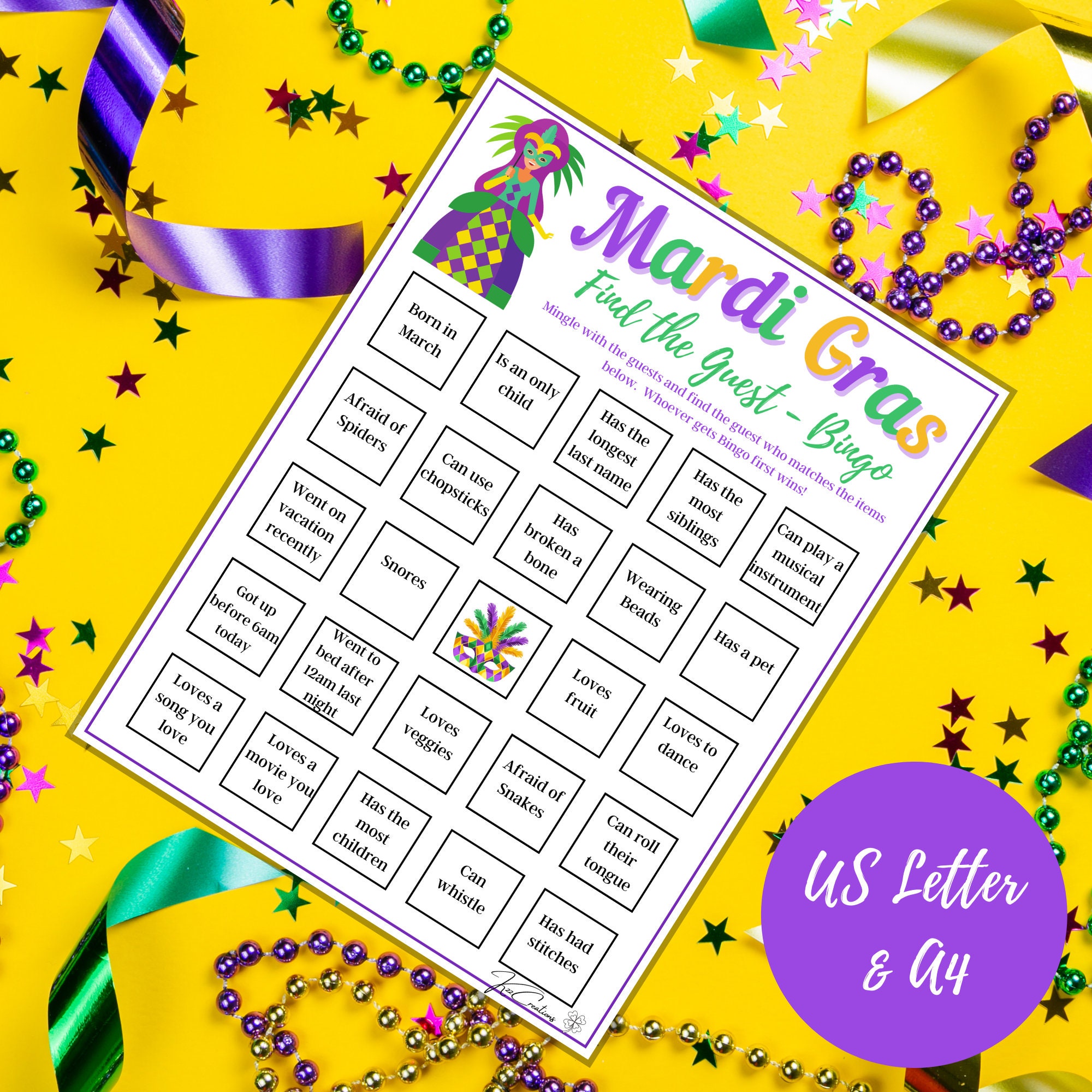 Mardi Gras Find the Guest Bingo Family Game Mardi Gras - Etsy