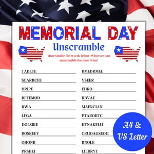Memorial Day Unscramble Game, Printable Family Game, Game for Kids ...