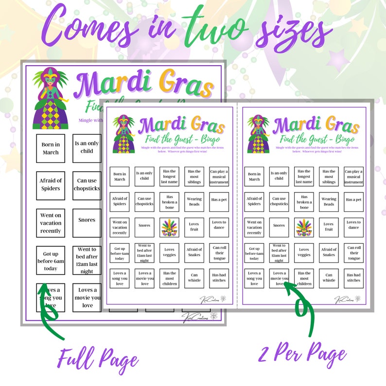 Mardi Gras Find the Guest Bingo Family Game Mardi Gras - Etsy