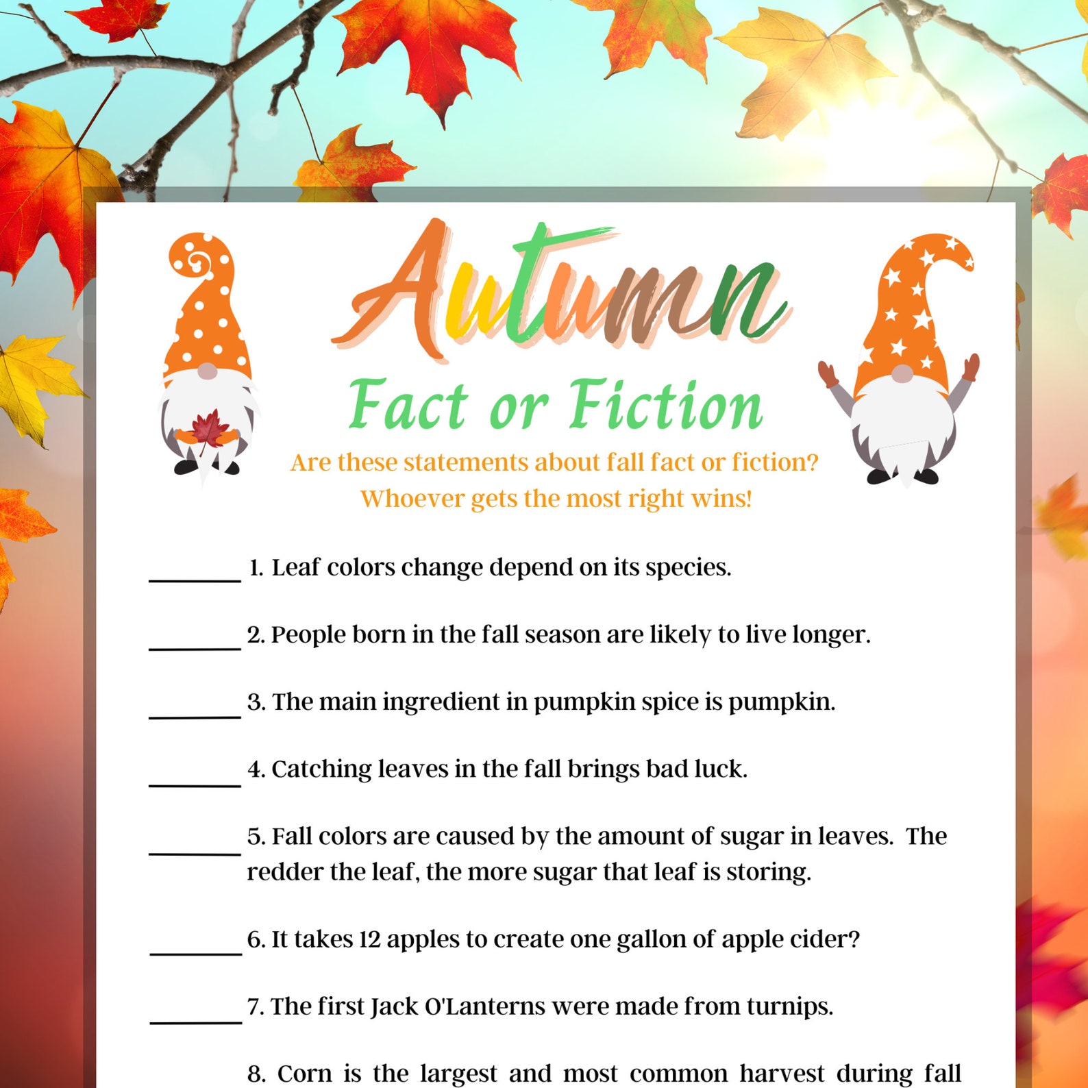 Autumn Fact or Fiction Game, Printable Fall Game, Autumn Activity for ...