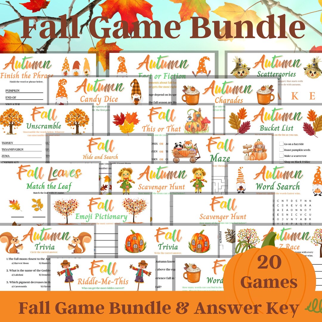 Fall Game Bundle, 20 Printable Autumn Games, Fall Time Activities for ...