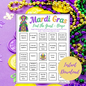 Mardi Gras Find the Guest Bingo, Family Game, Mardi Gras Activity for ...