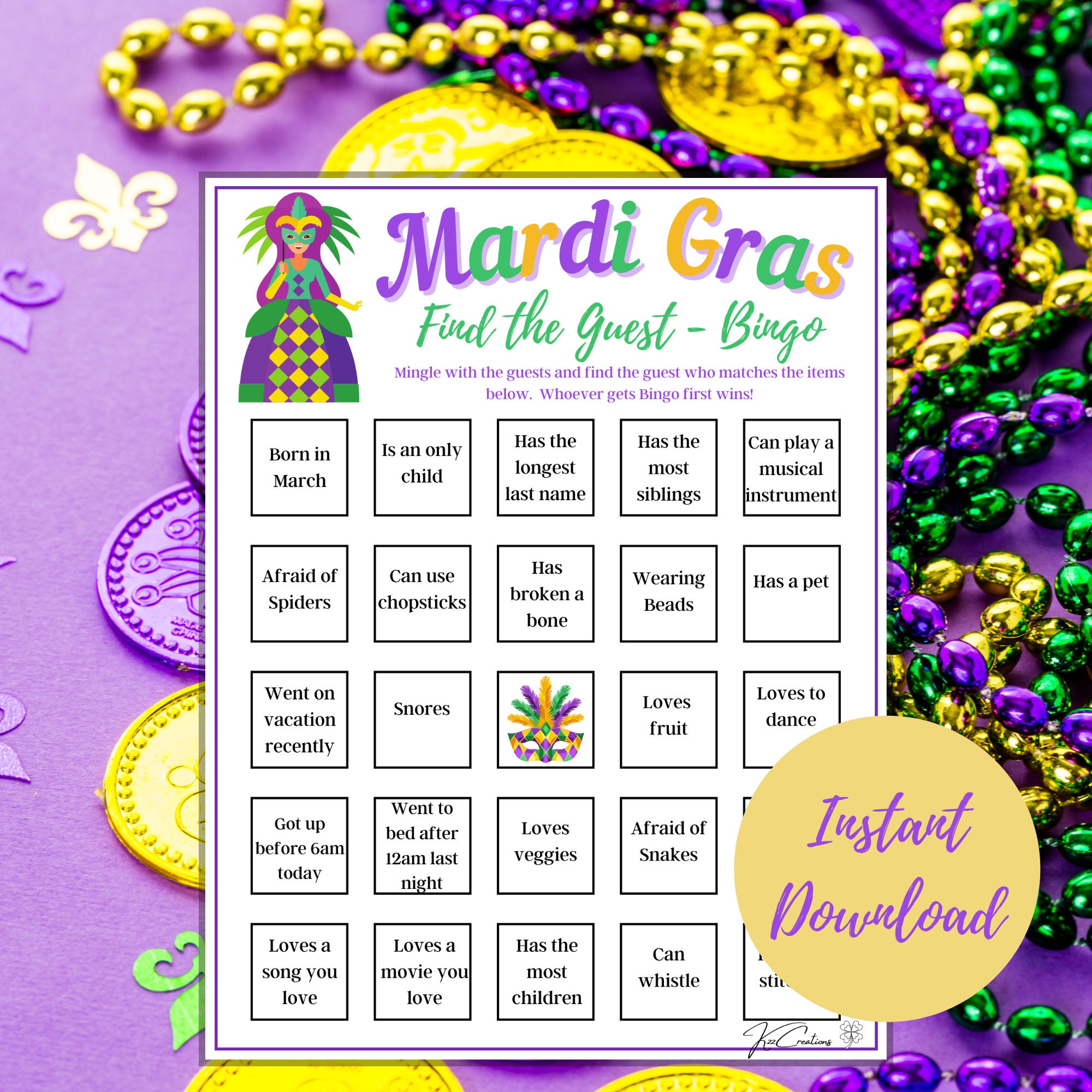 Mardi Gras Find the Guest Bingo Family Game Mardi Gras - Etsy