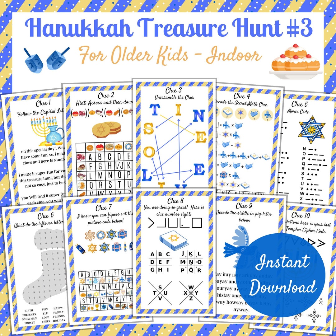 Hanukkah Treasure Hunt, Decode the Clues, Hanukkah Indoor Scavenger ...