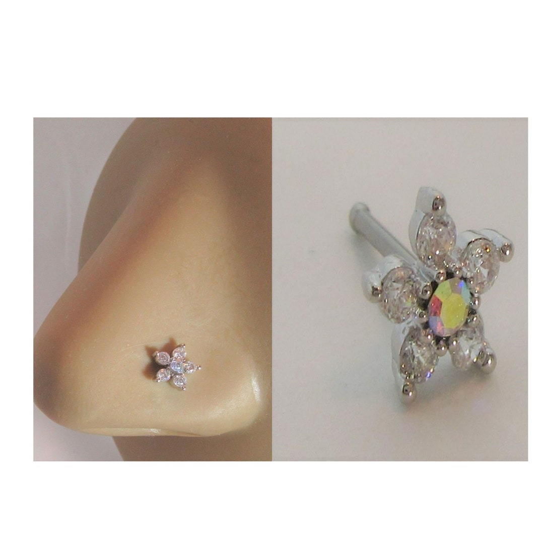 Flower Silver Ball End Nose Bone Nose Ring AB Iridescent Clear Crystals ...
