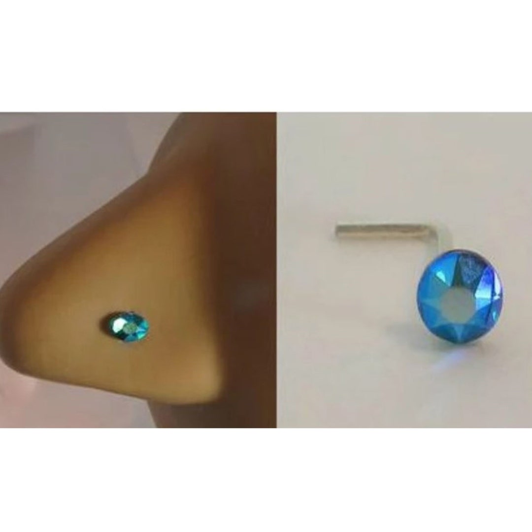 Aqua Gem Crystal Nose Stud L Shape Bent Post Jewelry 20 Gauge 20G Nose ...