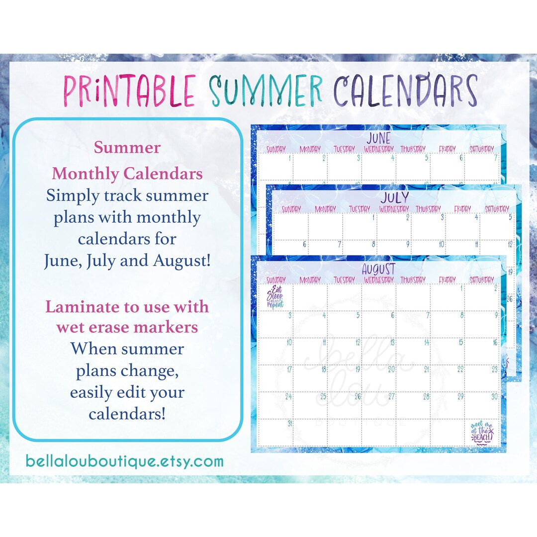 Buy 2025 Printable Summer Calendars for Kids | June, July, and August ...