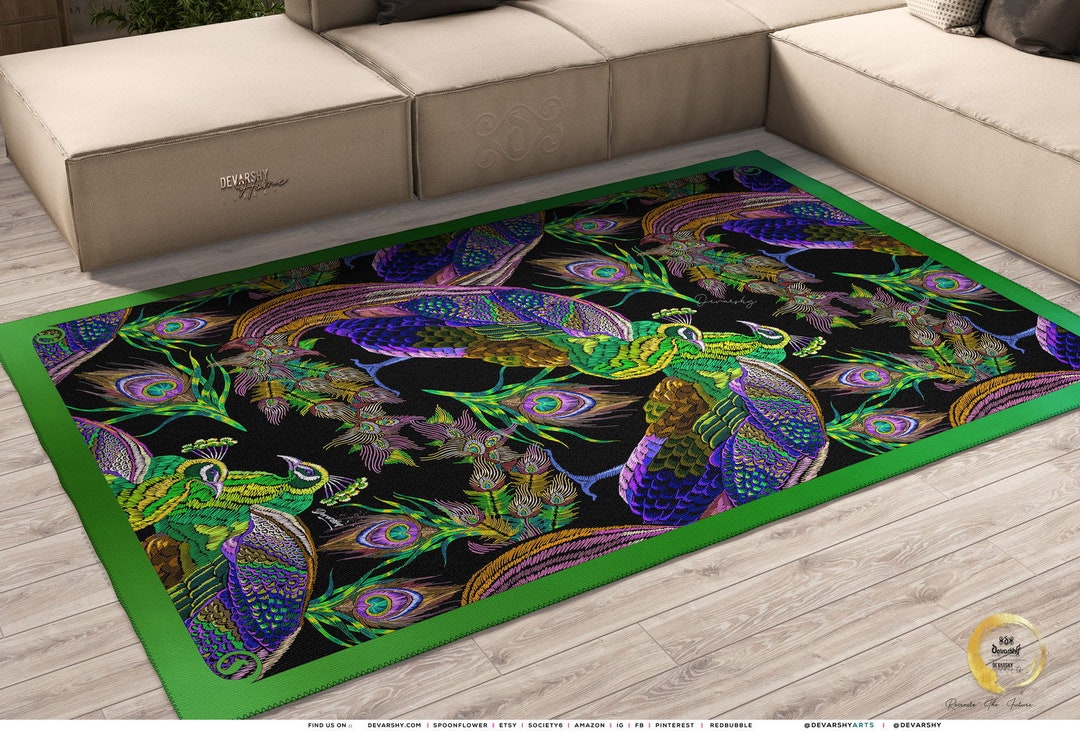 Green Peacock Area Rug Carpets in 3 Sizes D20032 - Etsy