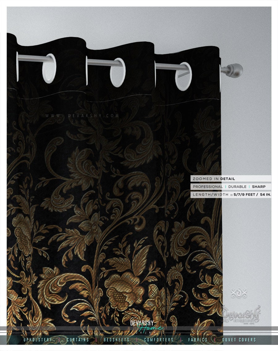 Black Baroque Floral Pattern PREMIUM Curtain Panel. Available | Etsy