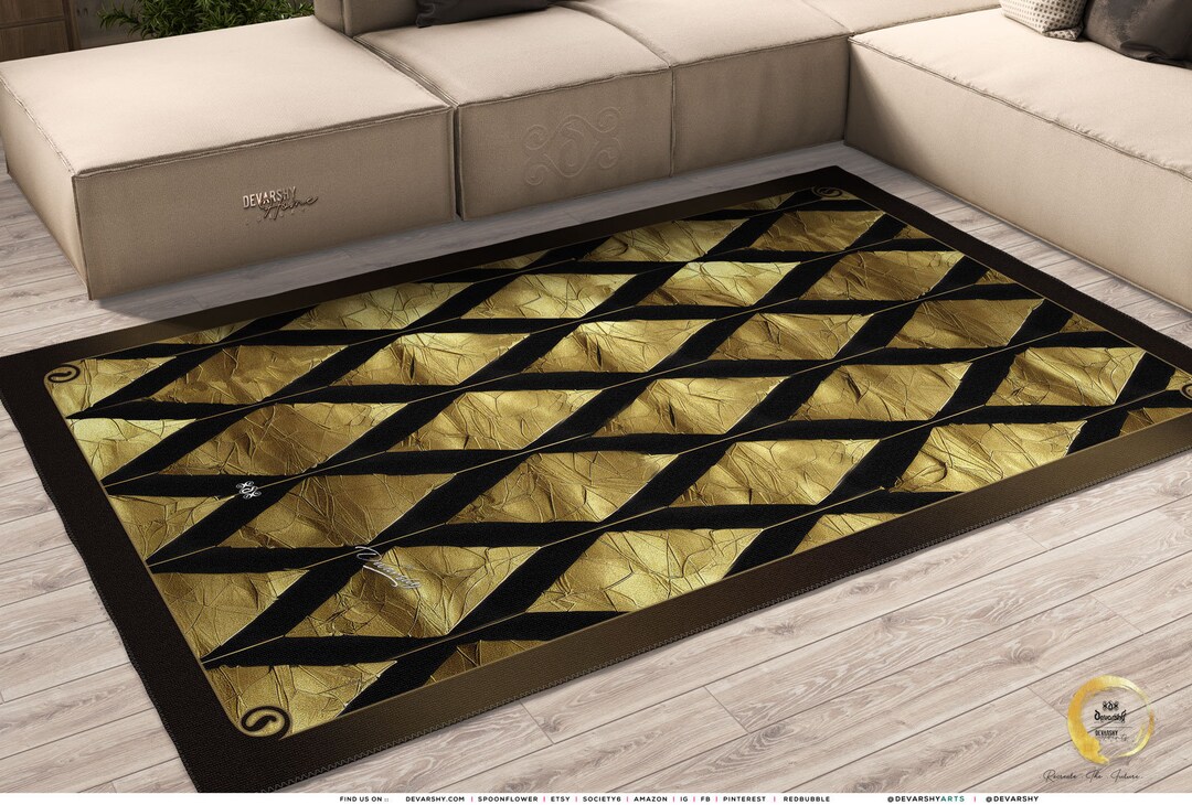 Zigzag Gold Area Rug Black Gold Carpet in 3 Sizes Black Stripes ...