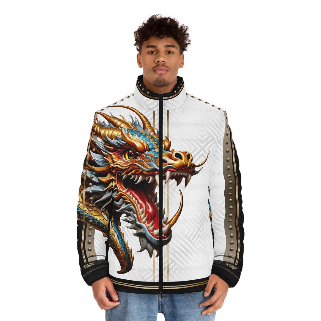 Chinese Dragon Puffer Jacket, Unisex Jacket, Windbreaker Jacket, Black ...