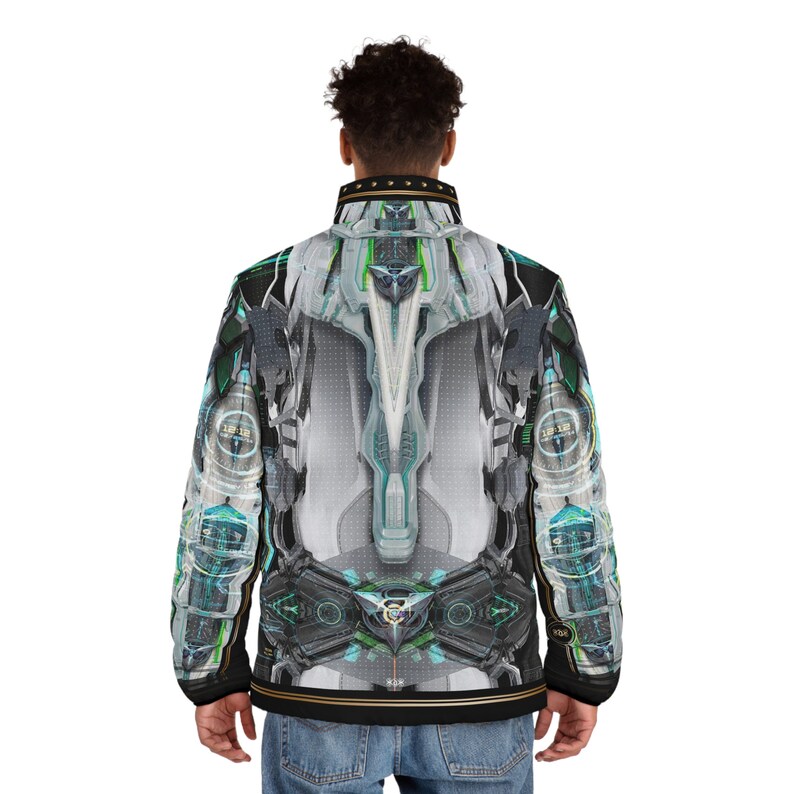 Cyberpunk Puffer Jacket, Tech Robot Print Coat, Sci-fi Winter Jacket ...