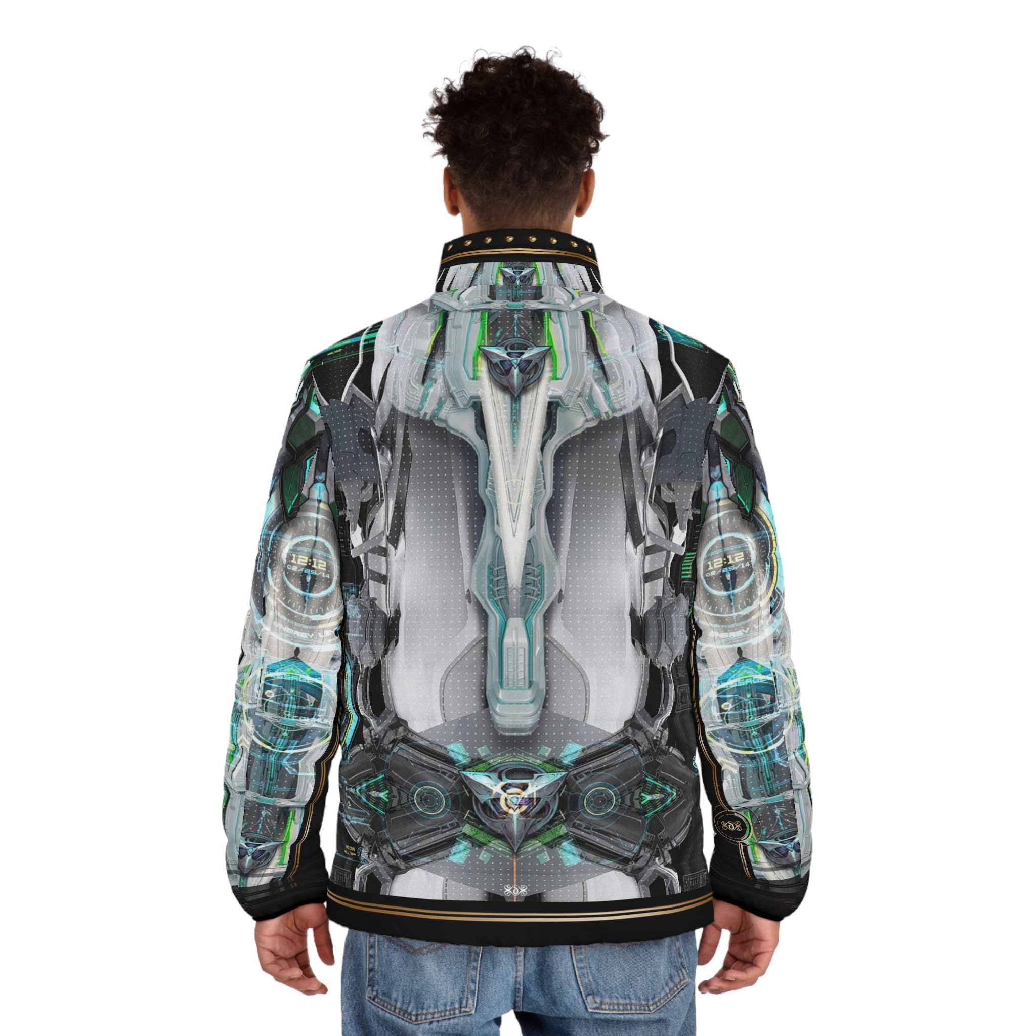 Cyberpunk Puffer Jacket, Tech Robot Print Coat, Sci-fi Winter Jacket ...