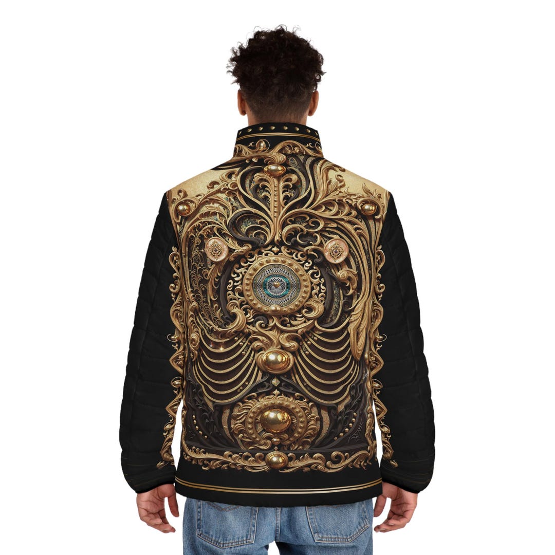 Graphic Art Puffer Jacket, Vintage Ribcage Skeleton Print, Gothic ...
