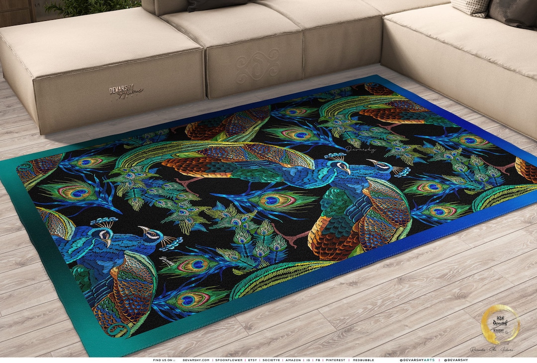 BLUE Peacock Area Rug Peacock Print Carpet Chenille Bedroom Rugs in 3 ...
