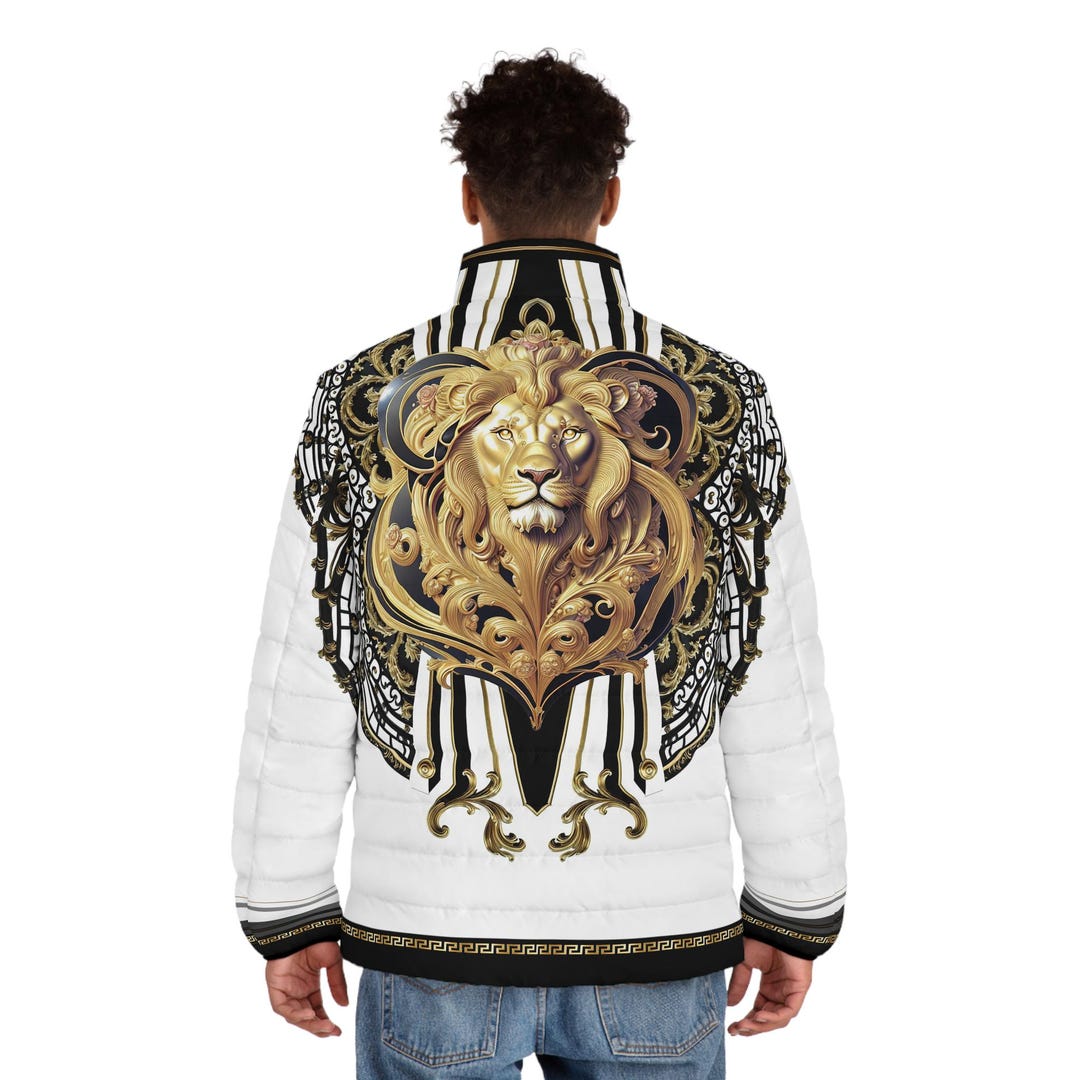 Majestic Lion Puffer Jacket, White Luxury Designer Coat, Golden Lion ...