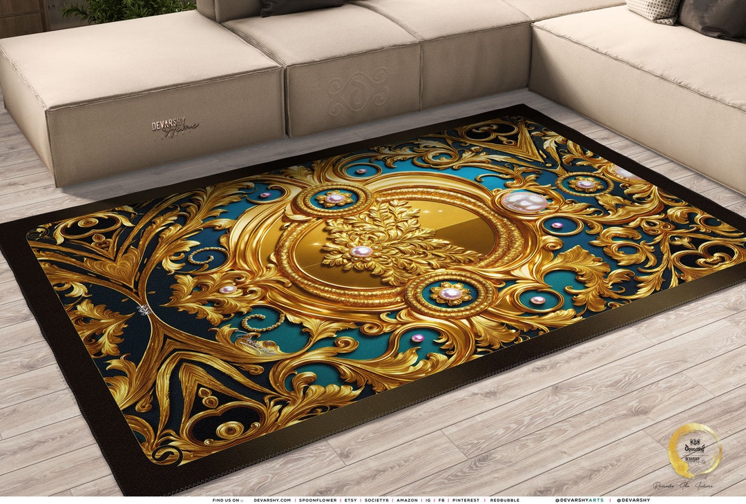 Royal Baroque Area Rug Decorative Gold Carpet Bedroom Chenille Rugs in ...