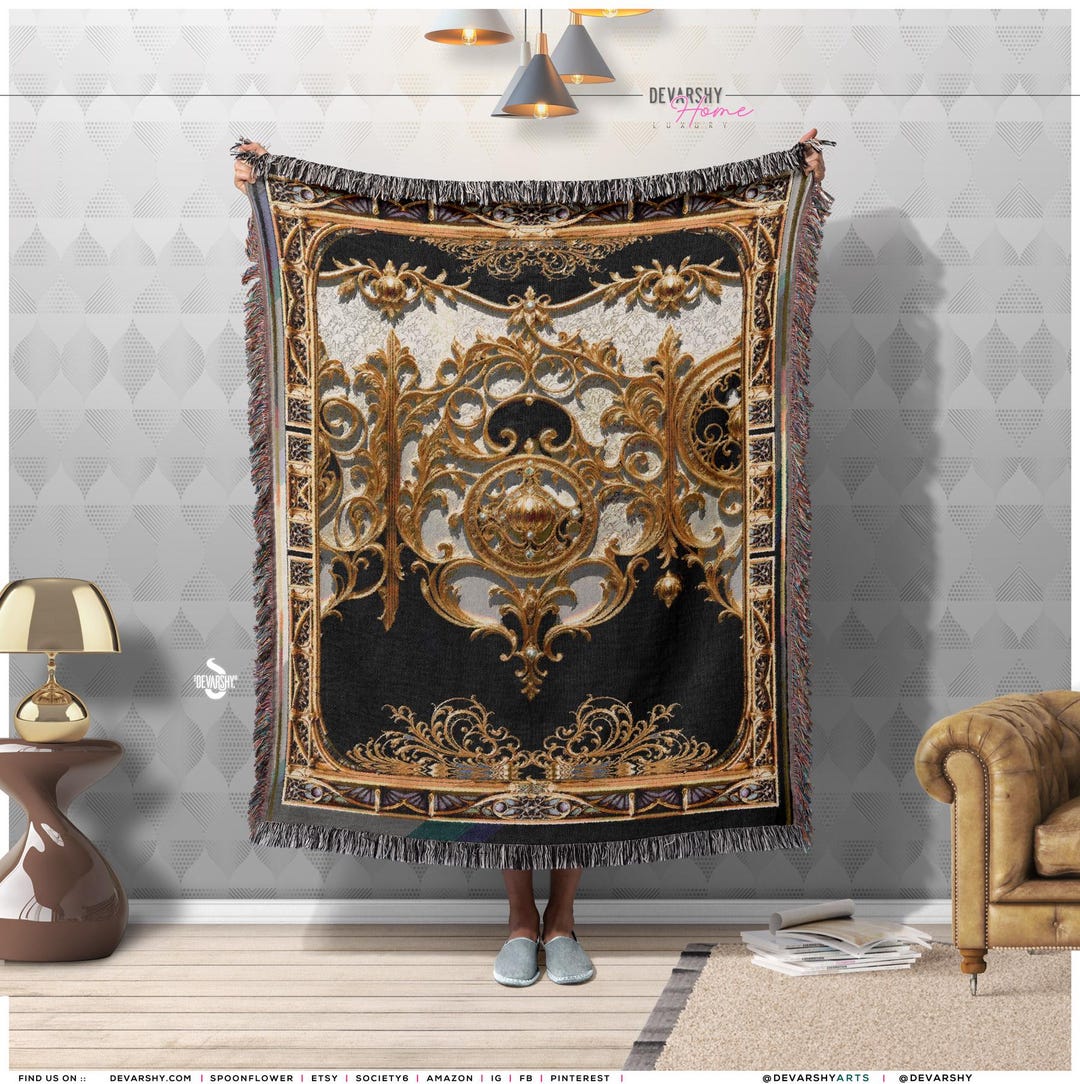 Opulent Gold Woven Blanket, Cotton Throw Blanket, Baroque Blanket ...