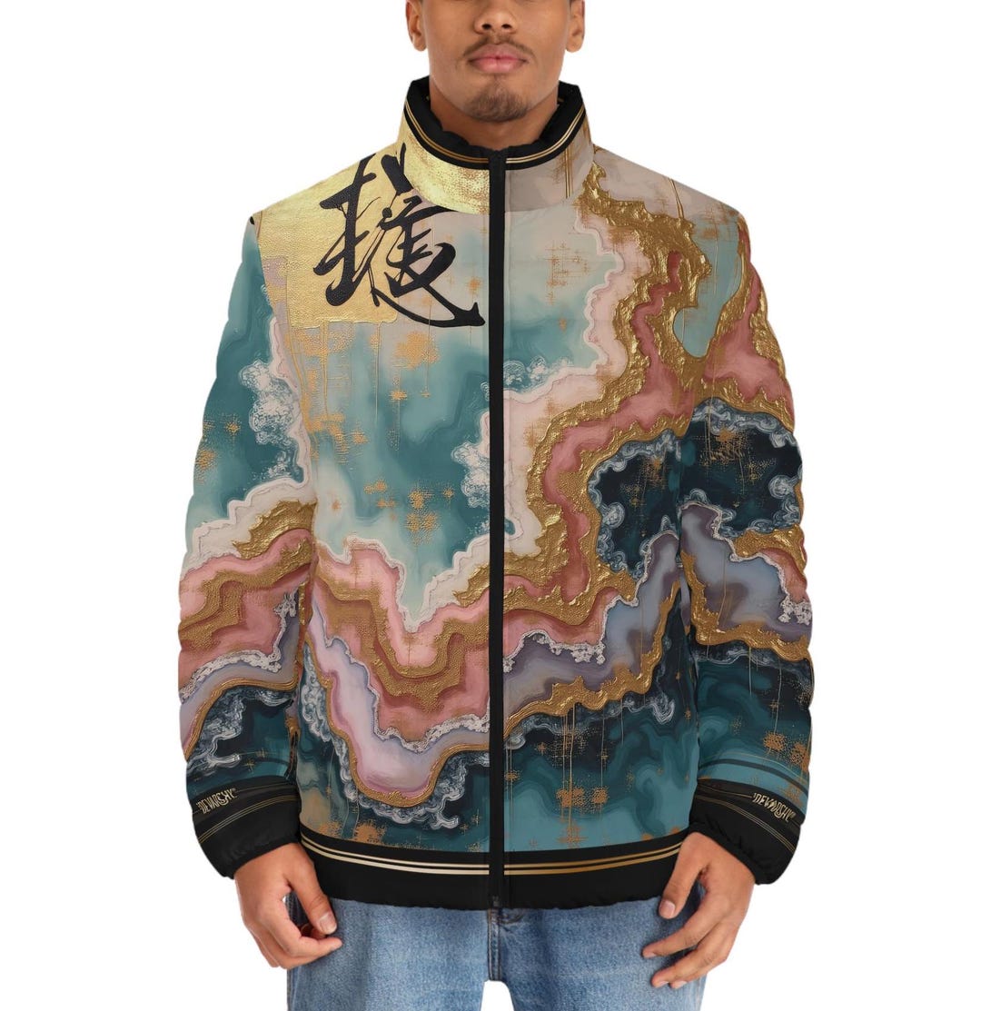 Oriental Calligraphy Puffer Jacket, Artistic Streetwear, Traditional ...