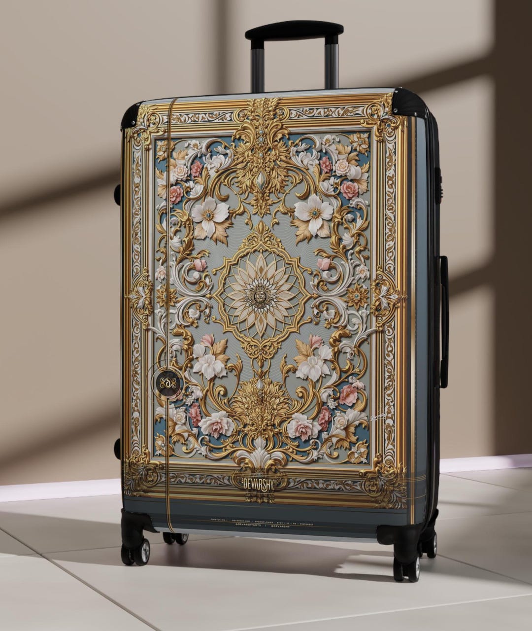 Grey Florals Suitcase, Baroque Floral Luggage, Hard Shell Suitcase ...