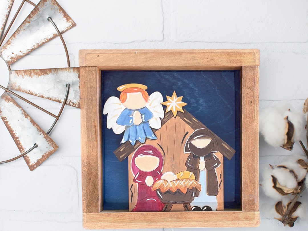 Christmas Nativity 3D Framed Wood Sign Hand Painted Holy Family ...
